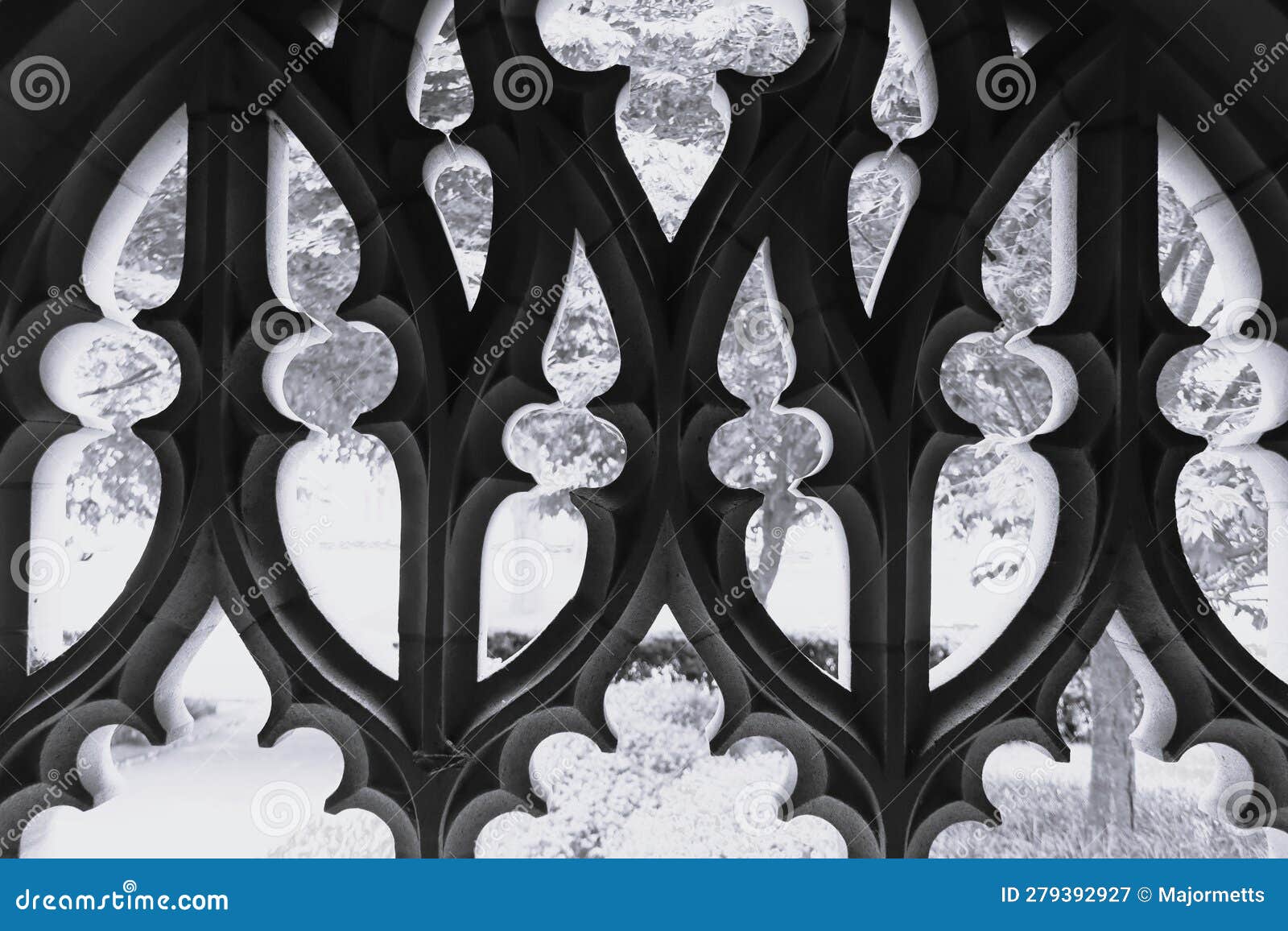 Open Carved Stone Scroll Window with Trees in Background, Black and ...