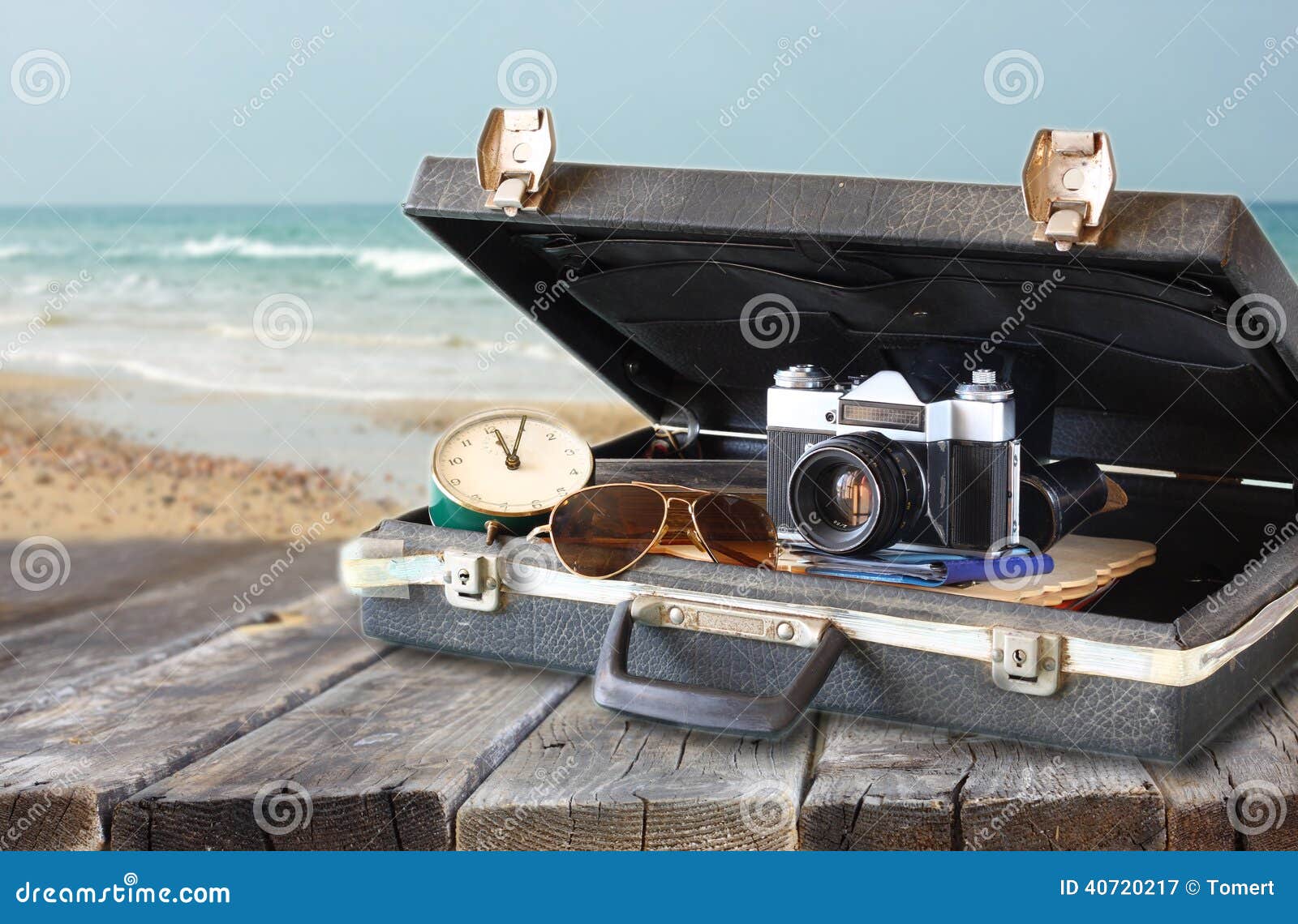 Open Case with Old Camera Sunglasses and Clock Stock Image - Image of ...