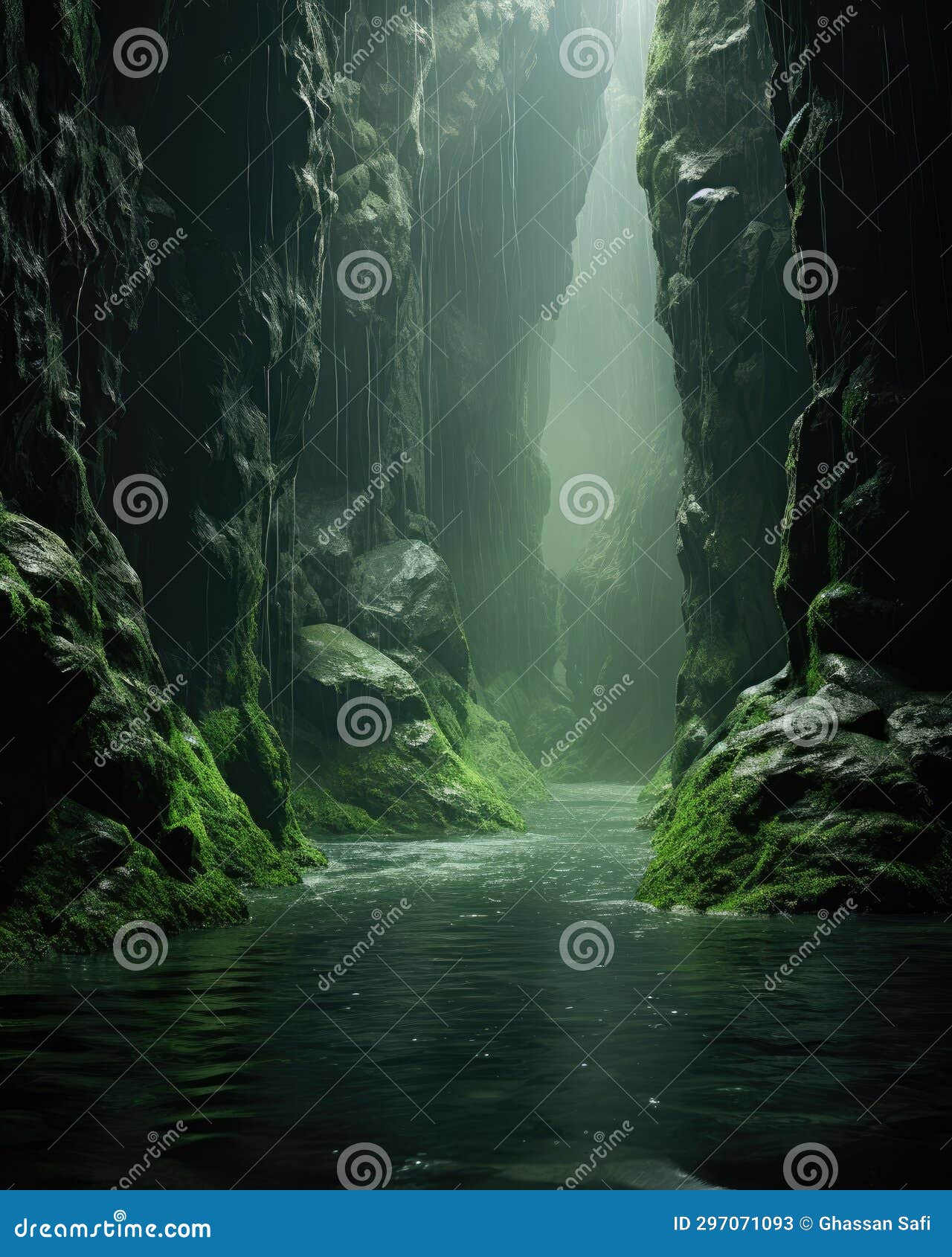 An Open Cave with a Water Stream Flowing through Stock Illustration ...