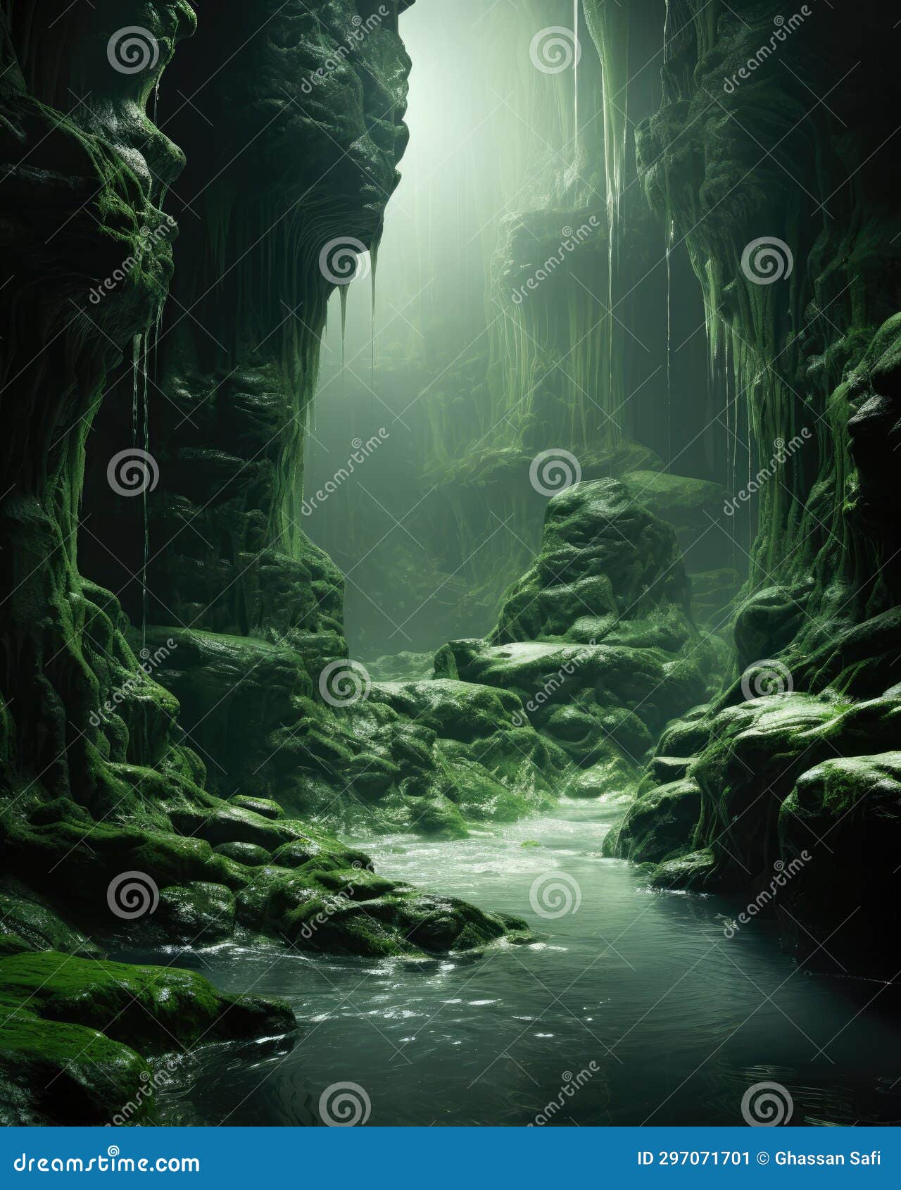 An Open Cave with a Water Stream Flowing through Stock Illustration ...