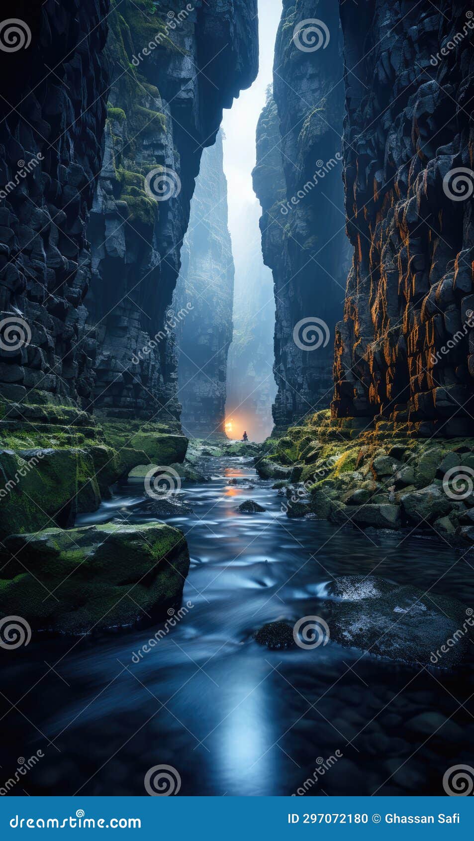 An Open Cave with a Water Stream Flowing through Stock Illustration ...