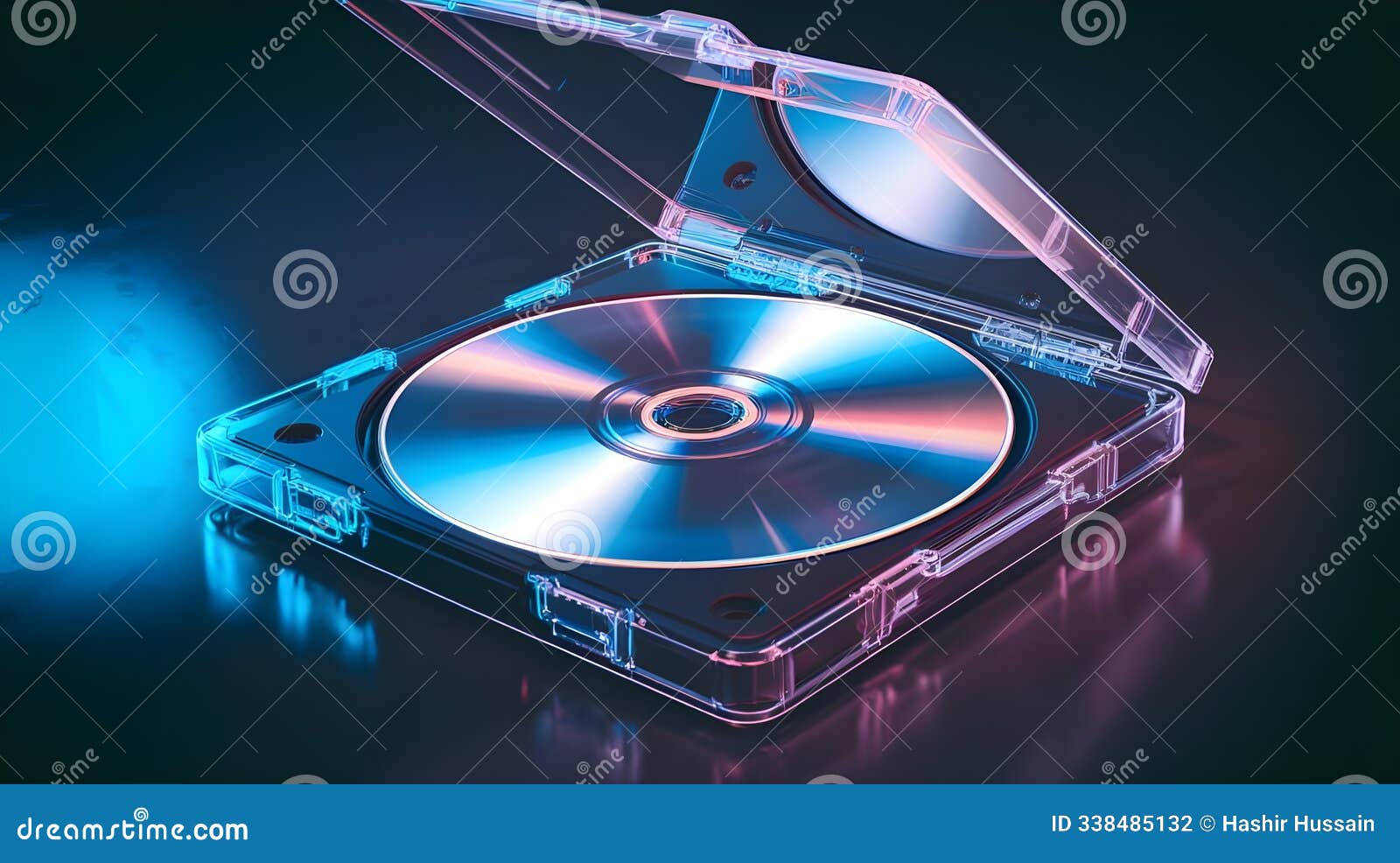 Open CD Case with Shiny Disc in Blue and Pink Light Stock Illustration ...