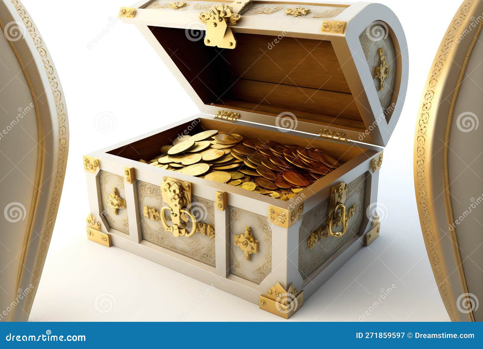 Open Chest with Gold Money in Top View, Isolated on White Stock ...