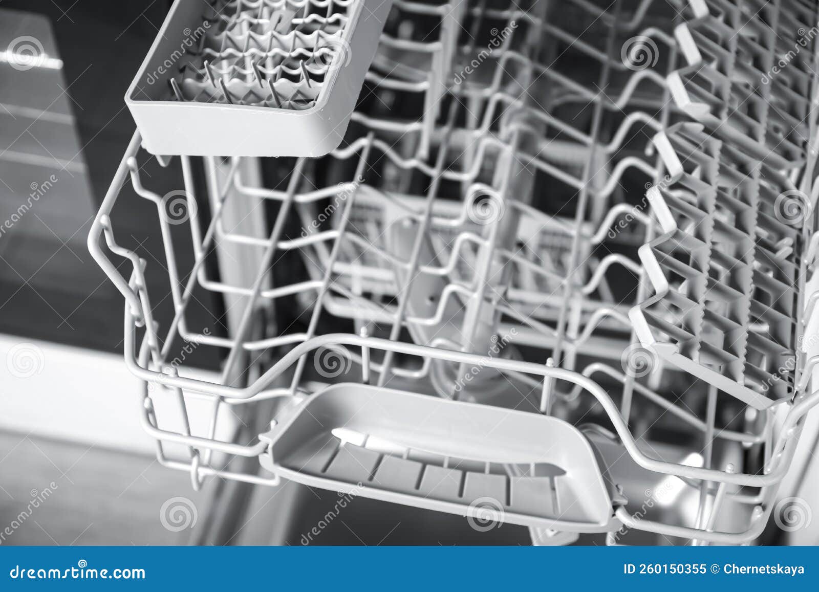 Open Clean Empty Dishwasher in Kitchen, Closeup Stock Image - Image of ...