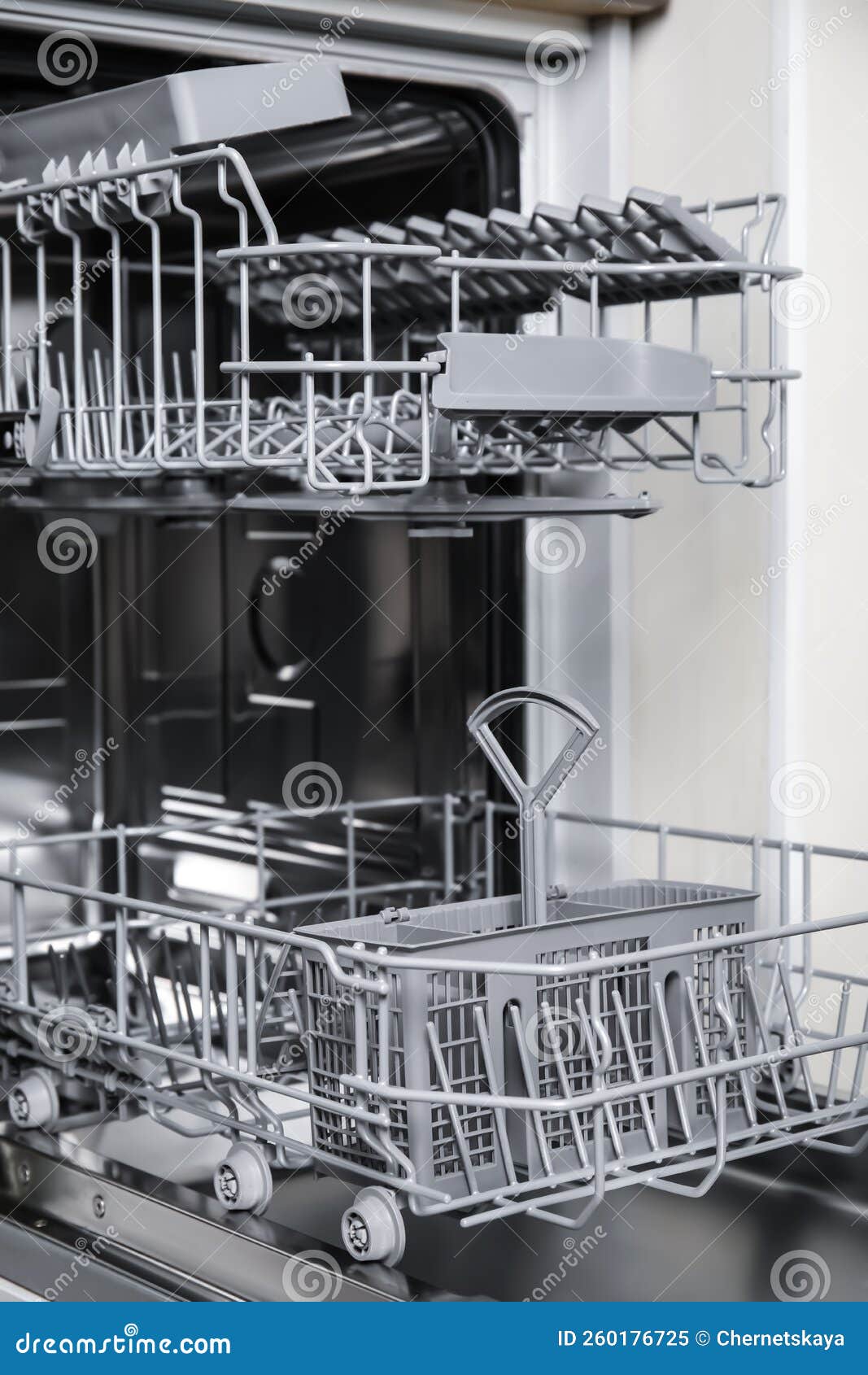 Open Clean Empty Dishwasher in Kitchen, Closeup Stock Image - Image of ...