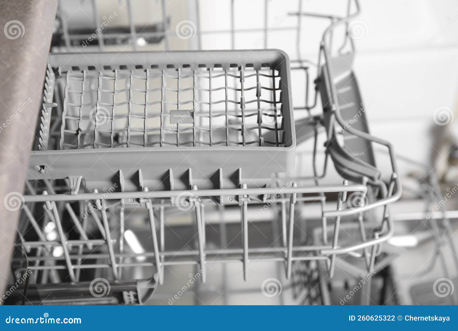 Open Clean Empty Dishwasher in Kitchen, Closeup Stock Photo - Image of ...