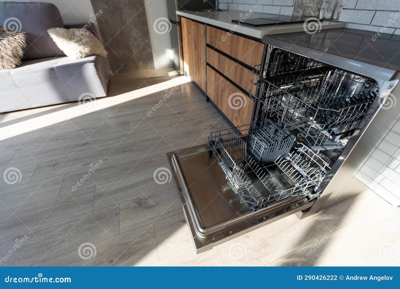 Open Clean Empty Dishwasher in Kitchen, Closeup Stock Photo - Image of ...