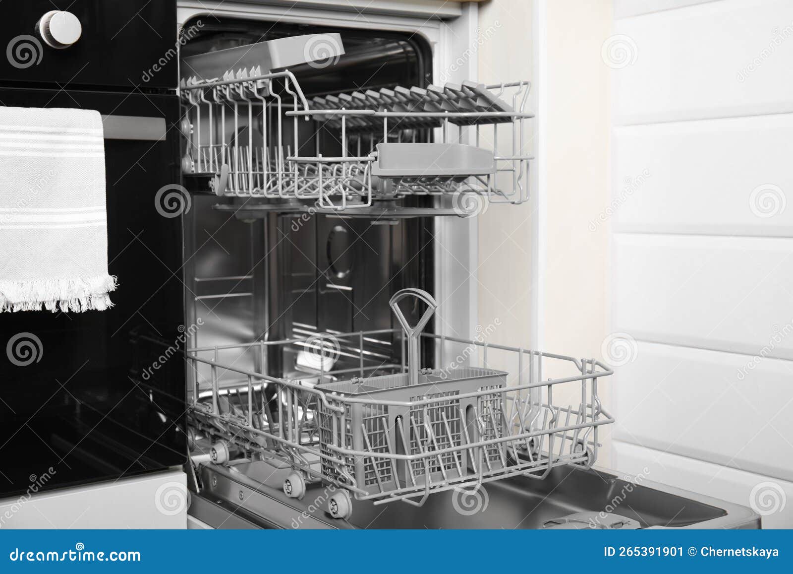 Open Clean Modern Empty Automatic Dishwasher Machine in Kitchen Stock ...