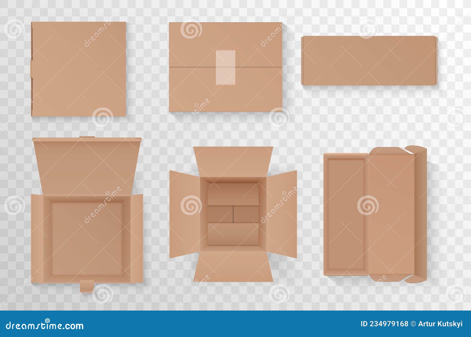 Open and Closed Empty Cardboard Boxes Set, Top View of 3d Realistic ...