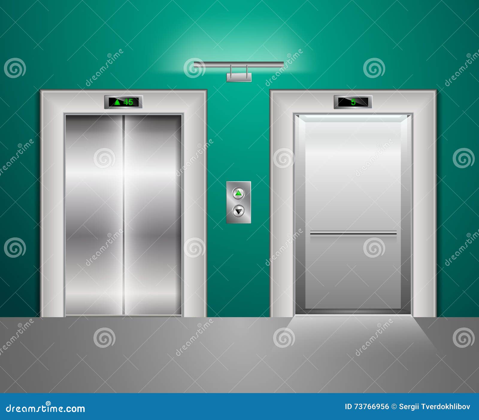 Open and Closed Modern Metal Elevator Doors. Hall Interior in Green ...