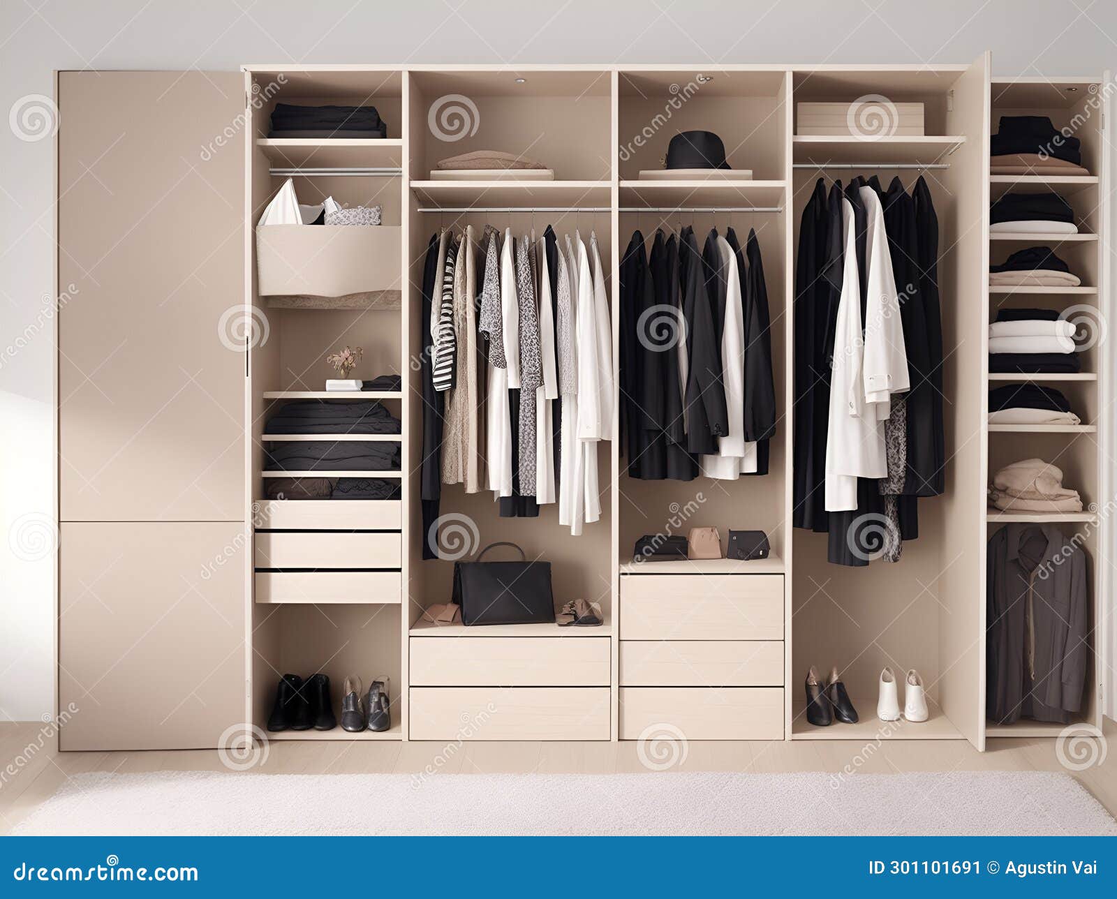 Open Closet with Clothes Rail and Drawers in a Front View Stock ...