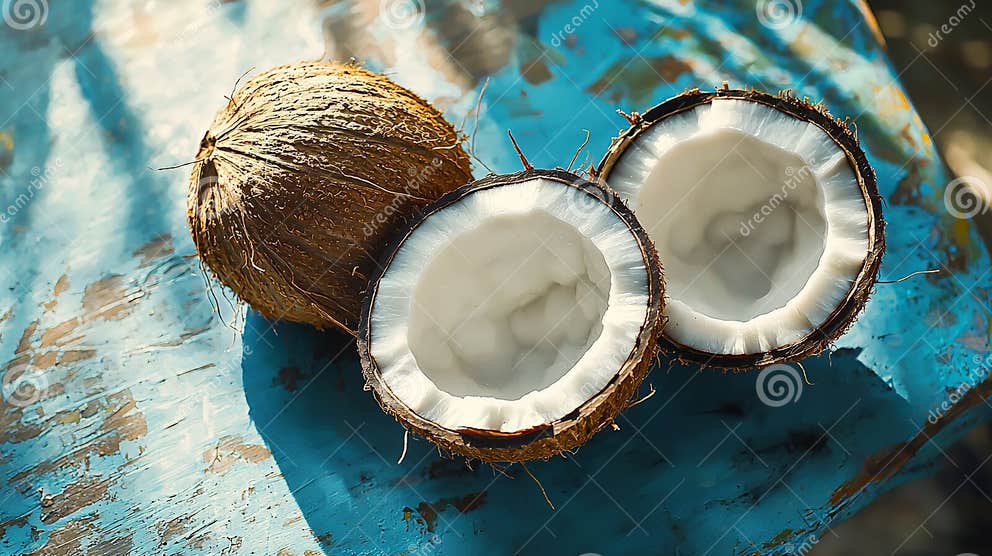 Open Coconut Halves and Whole Coconut on Rustic Surface Stock Photo ...