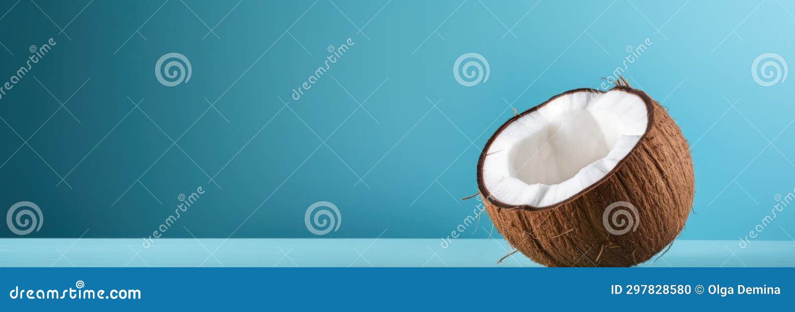 Open Coconut in Panoramic View with White Flesh on a Turquoise Backdrop ...