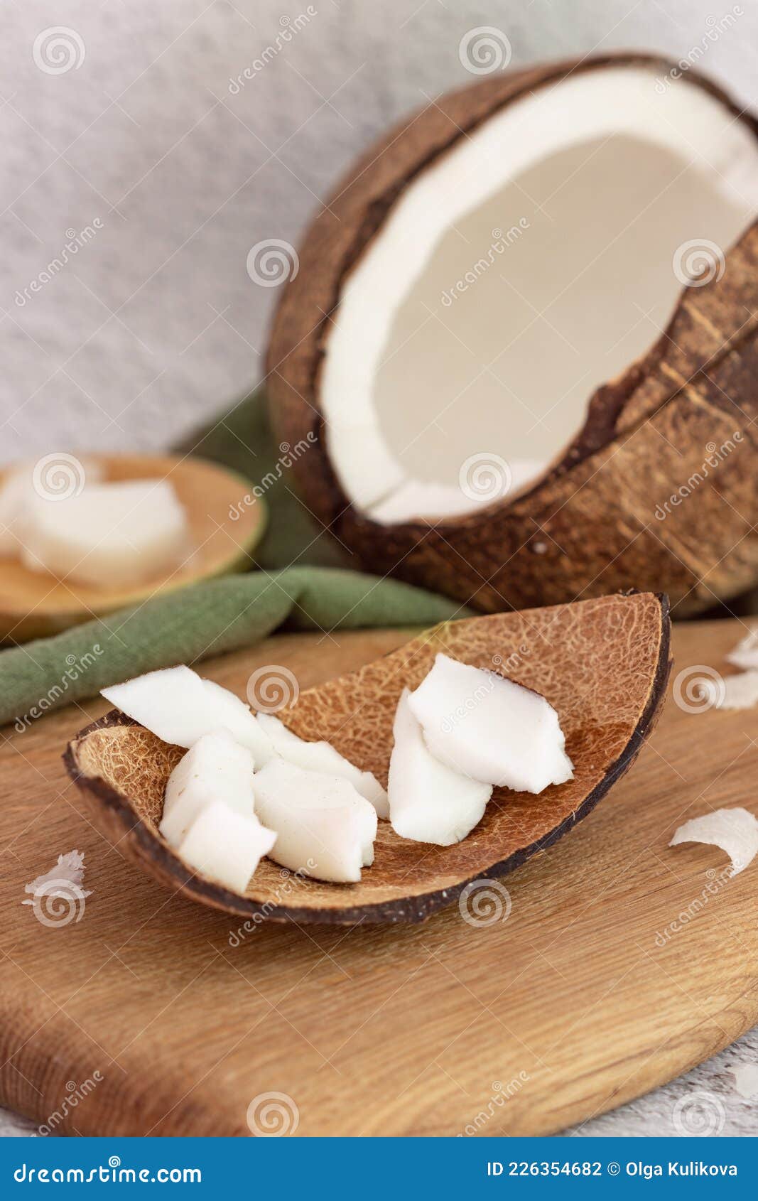 Open Coconut, Coconut Pieces on the Shell Stock Photo - Image of wooden ...