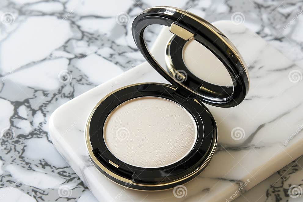 Open Compact Powder with Mirror on Marble Slab Stock Image - Image of ...