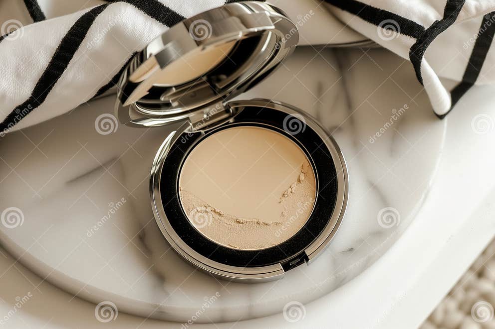 Open Compact Powder with Mirror on Marble Slab Stock Photo - Image of ...