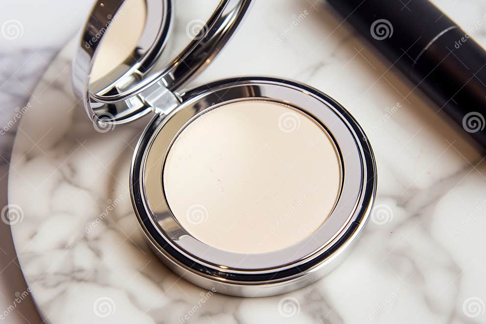 Open Compact Powder with Mirror on Marble Slab Stock Image - Image of ...
