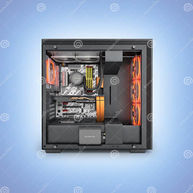 Open Computer with Red Lighting Effects and Water Cooled Cooling System ...