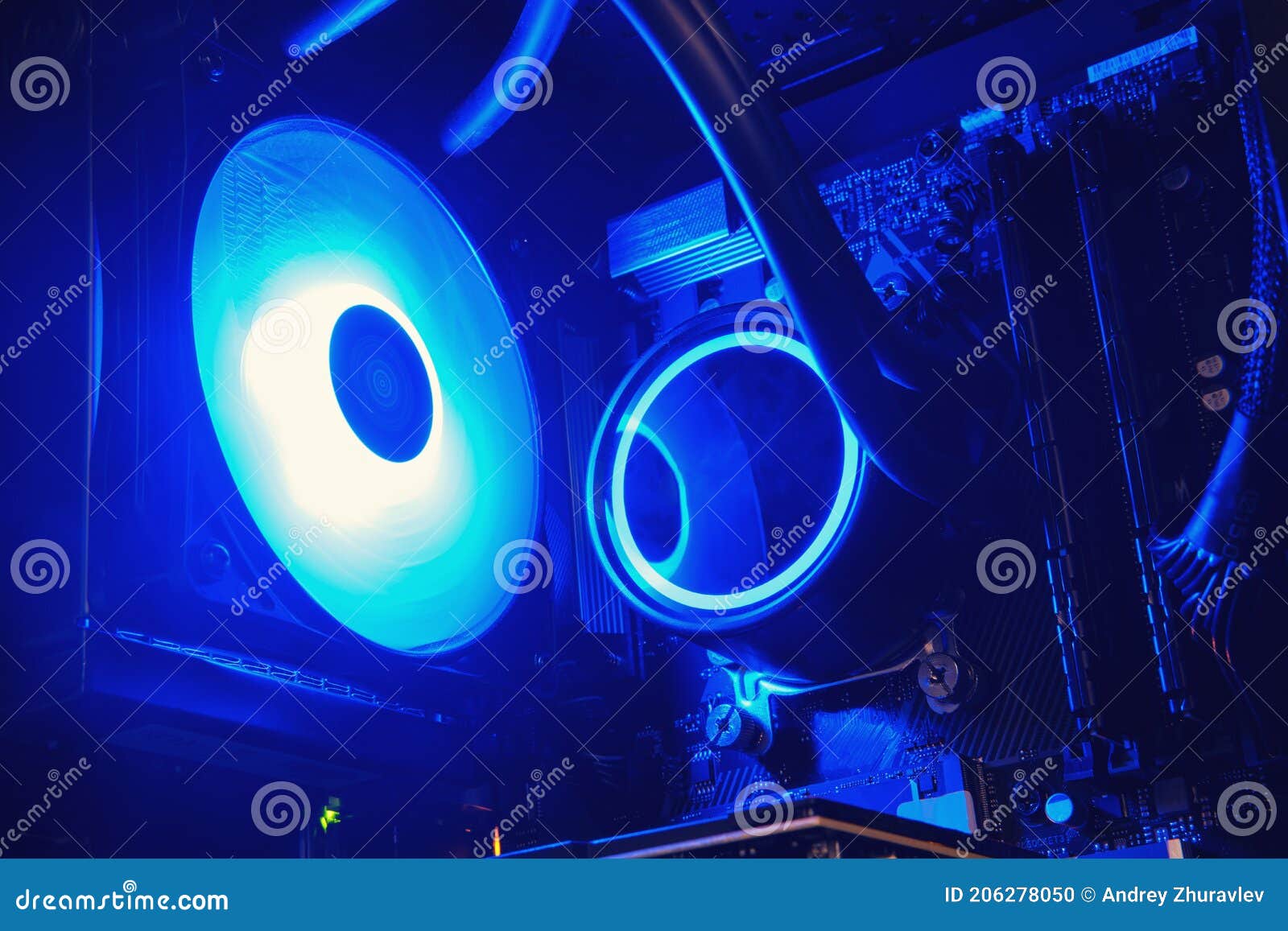 Open Computer System Unit with Blue Neon Light Water Cooling Stock ...