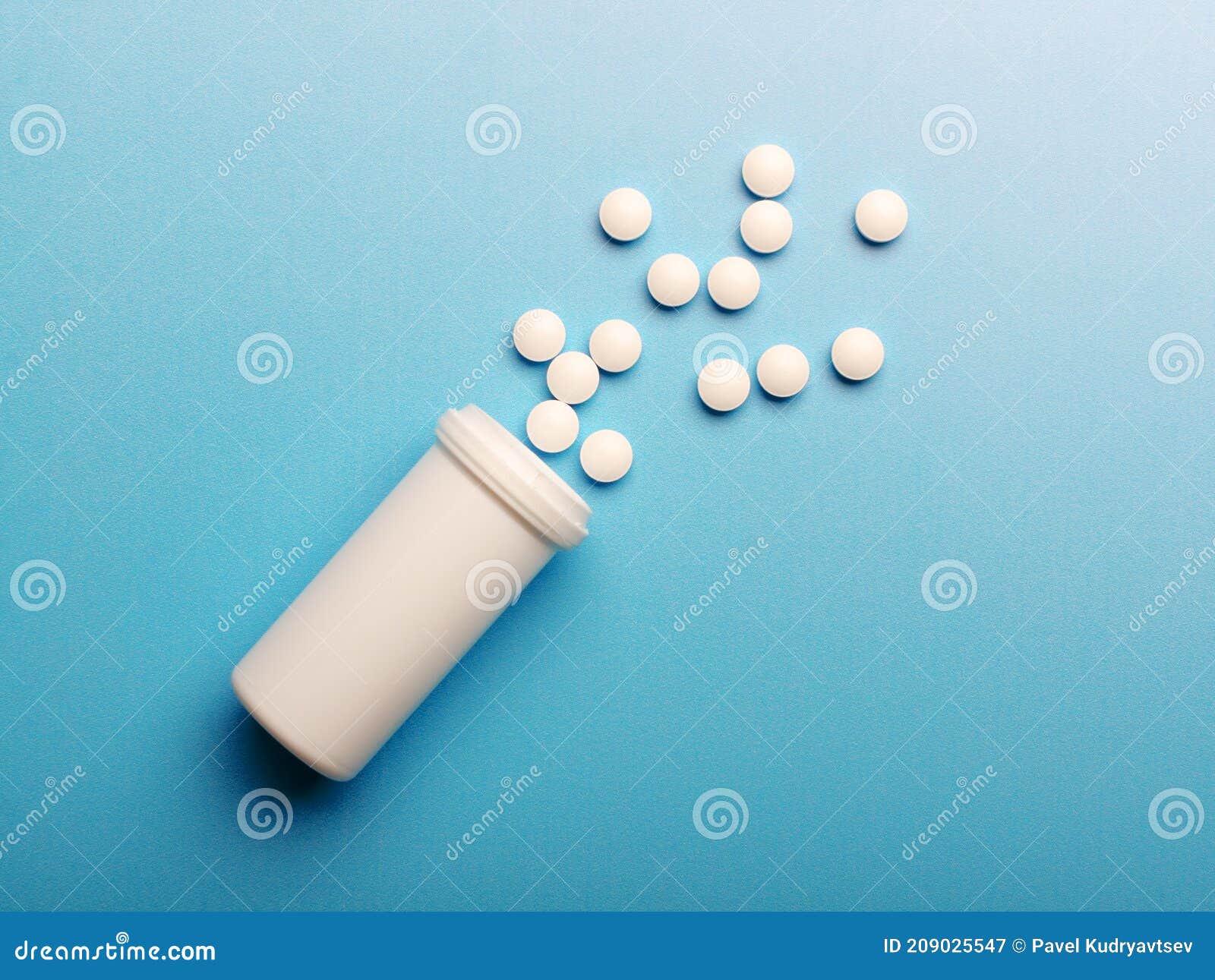Open Container with Pills on Blue Background Stock Image - Image of ...