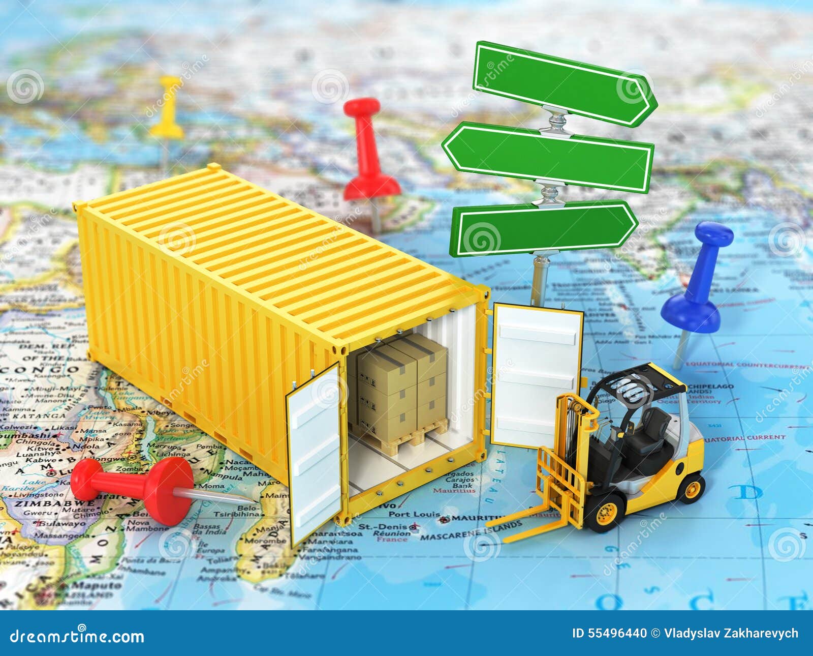 Open Container with Road Sign and Forklift Stacker Loader Holding ...