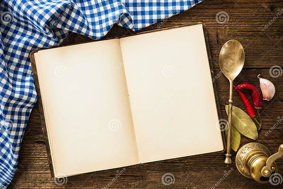 Open Cookbook with Kitchenware Stock Image - Image of checkered ...