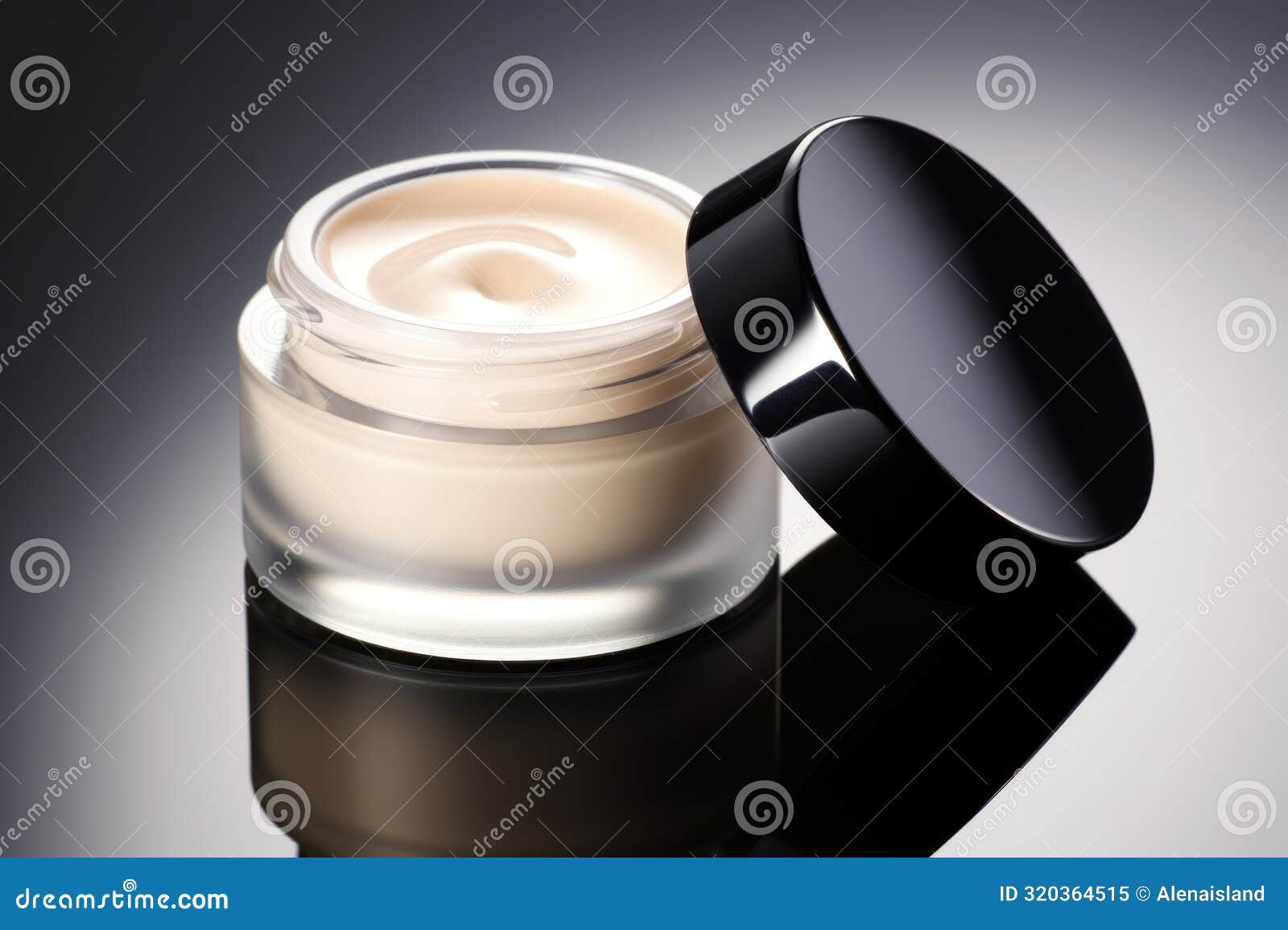 Open Cream Jar with Black Lid on Reflective Surface Stock Image - Image ...
