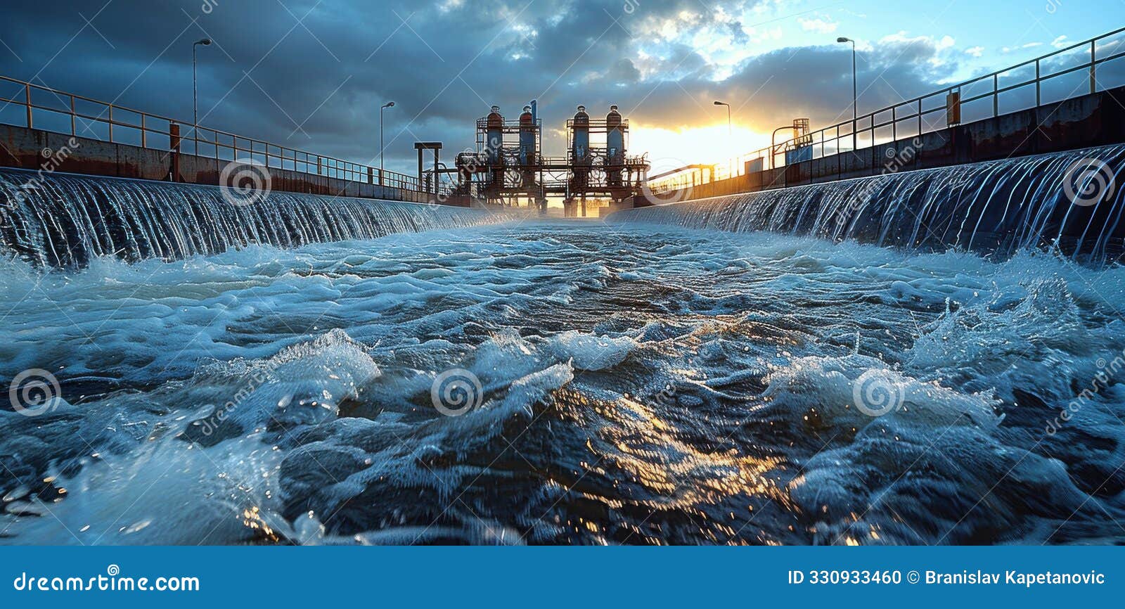 Open Dam Releasing Water at Sunset Stock Illustration - Illustration of ...