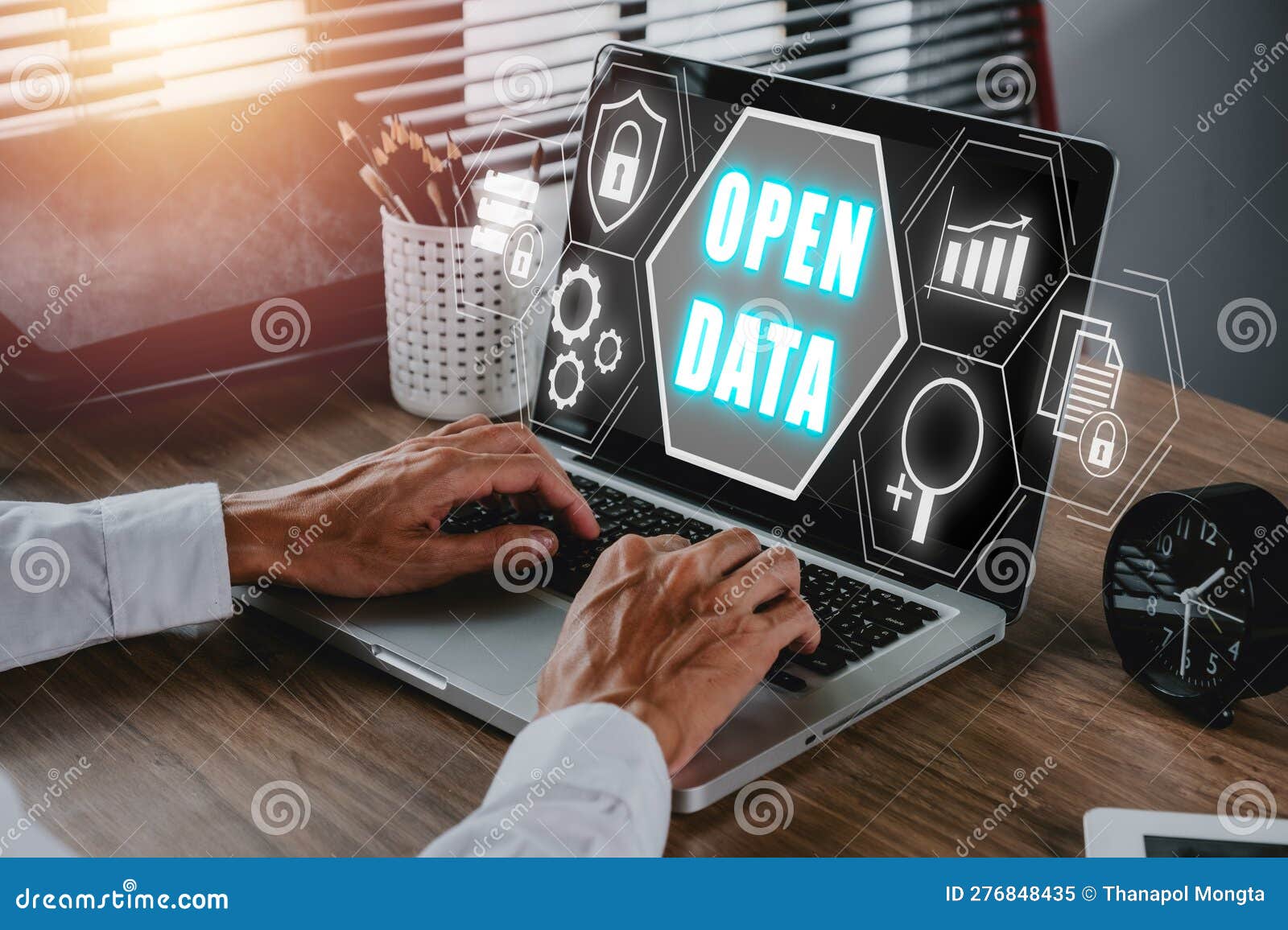 Business Person Hand Working on Laptop Computer with Open Data Icon on ...