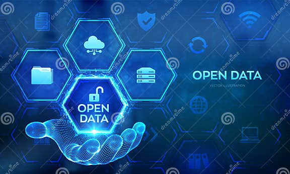 Open Data Database Icon in Wireframe Hand. Digital File Storage System Software Stock ...