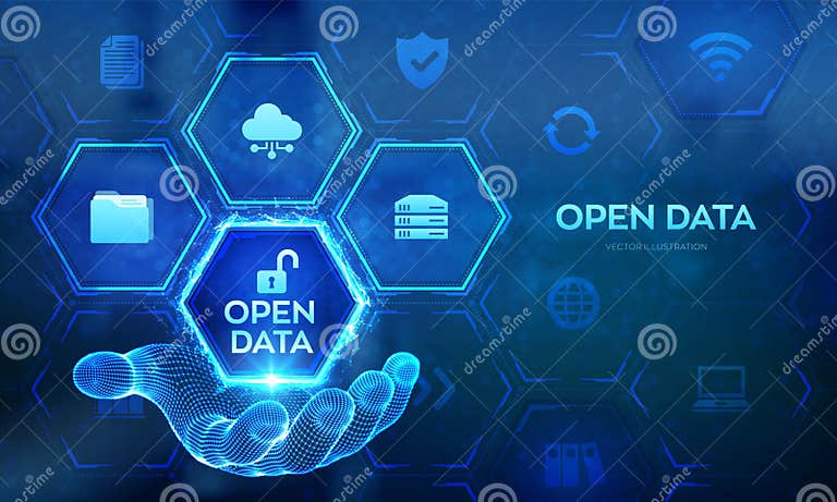 Open Data Database Icon in Wireframe Hand. Digital File Storage System Software Stock ...