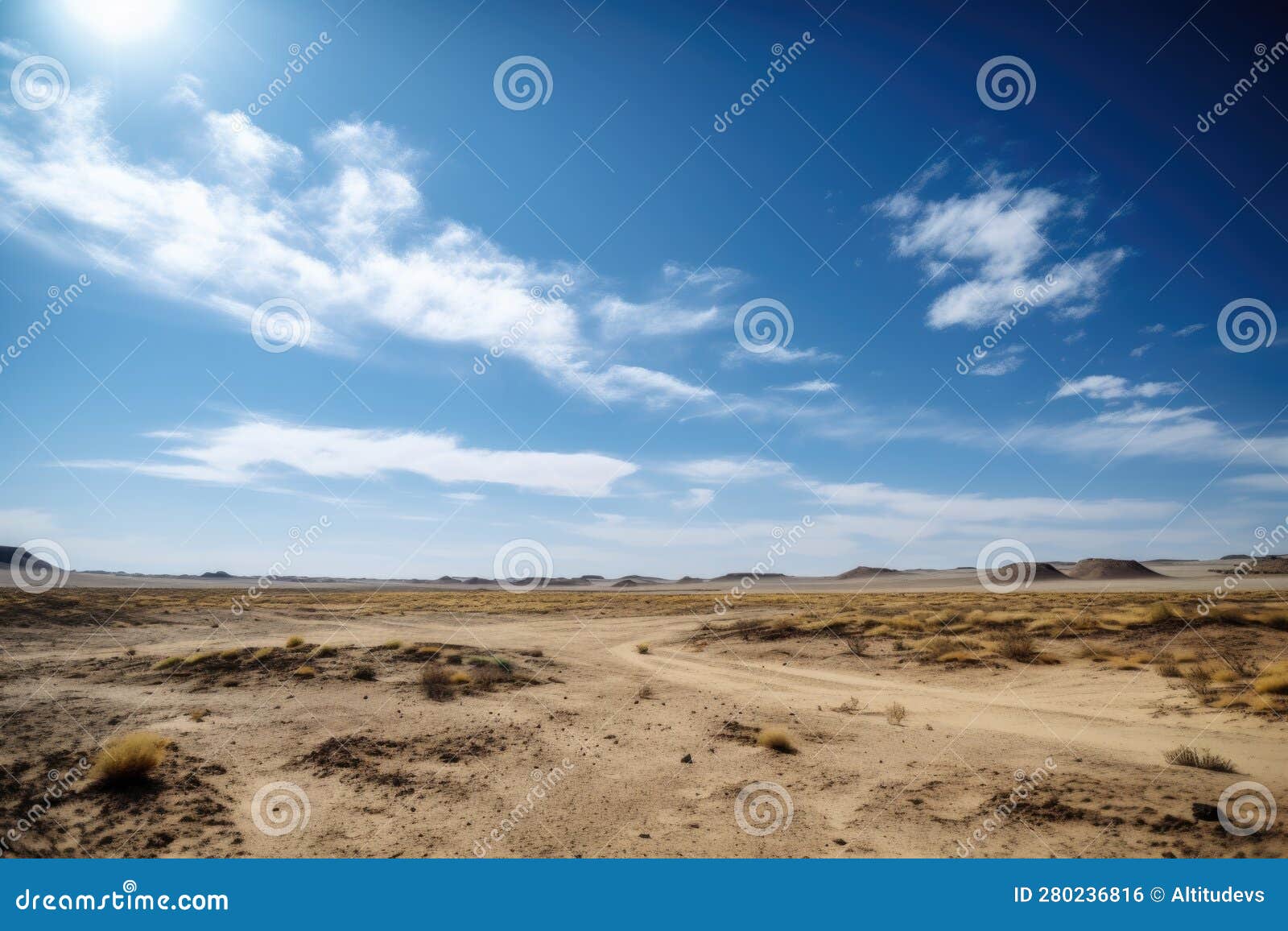Open Desert with Clear Blue Sky and Clouds in the Background Stock ...