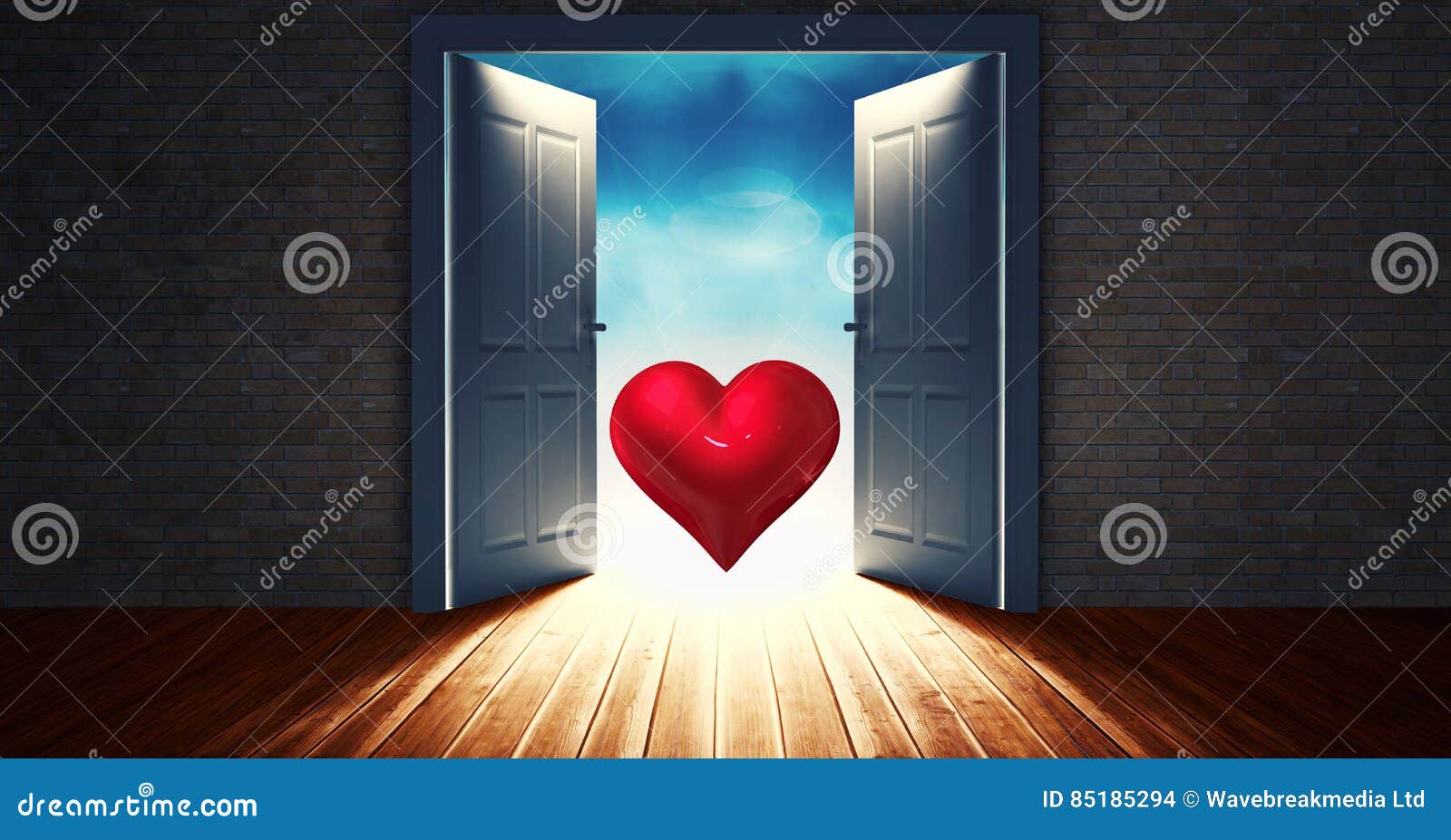 Open Deur Aan Hemel Met Rode Hartvorm Stock Illustratie - Illustration ...