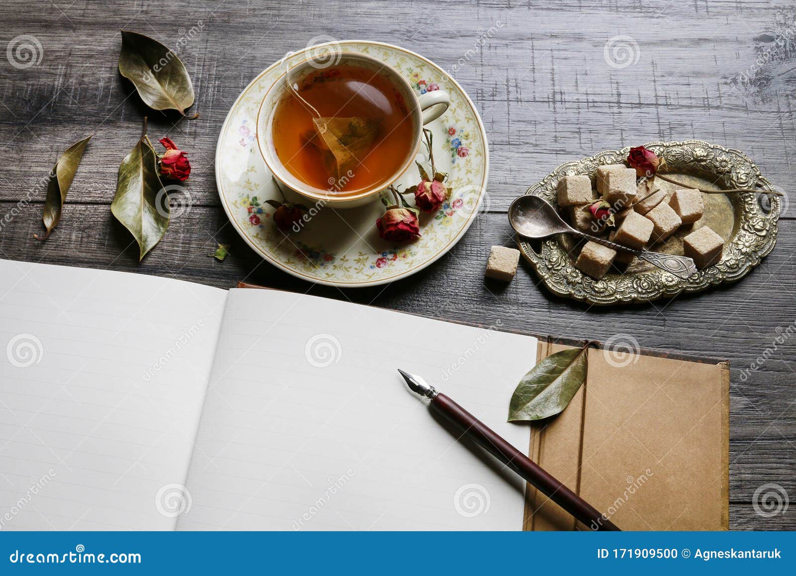 Open Diary and a Cup of Tea Stock Photo - Image of dark, sugar: 171909500