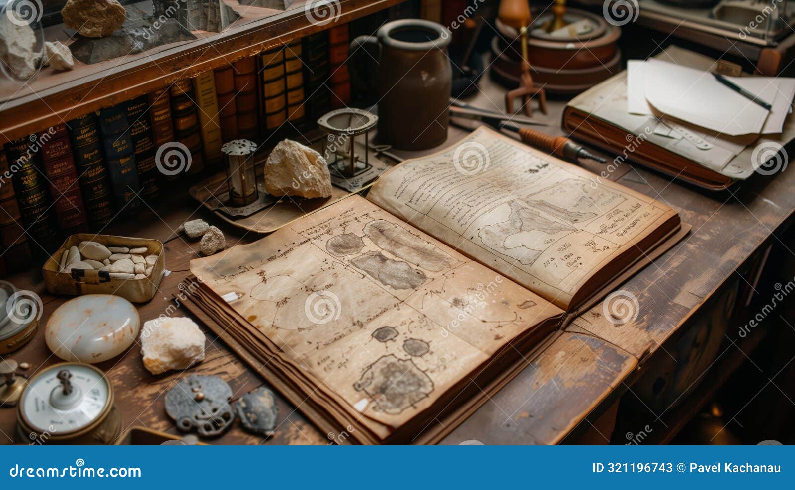 Open Diary with Handwritten Notes and Excavation Artifacts on a Wooden ...