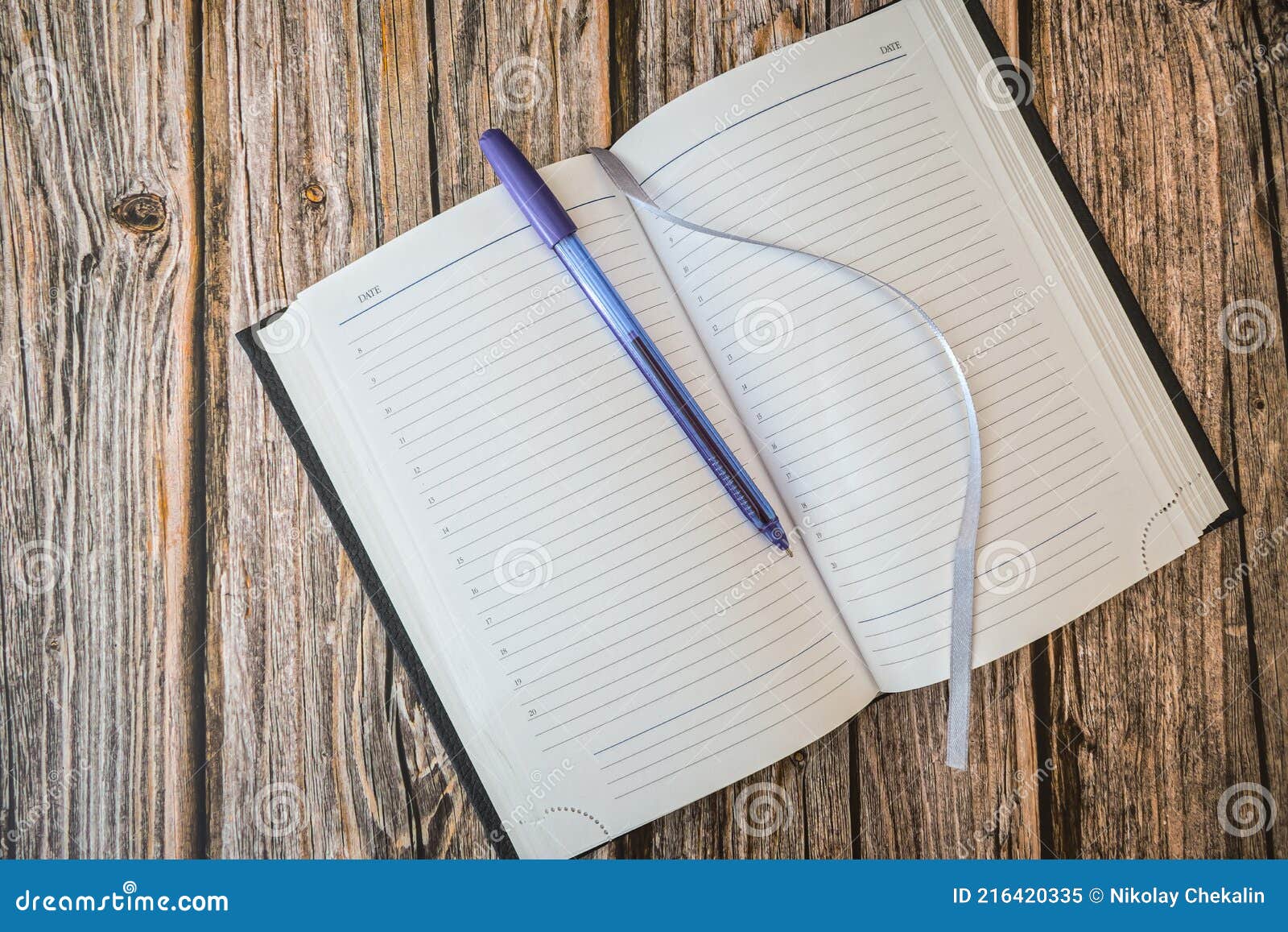 Open Diary Page with Pen for Notes on Wooden Table Top View Stock Image ...