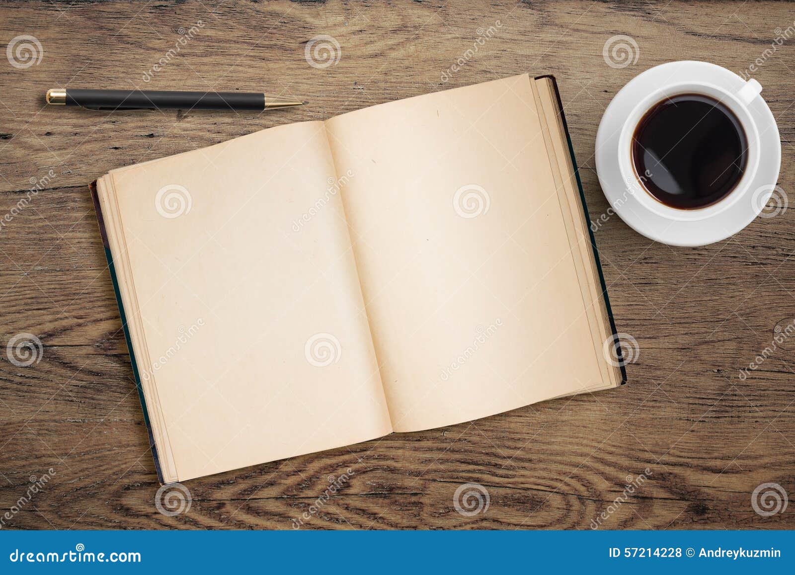 Open Diary with Pen and Coffee Cup on Old Wooden Stock Photo - Image of ...