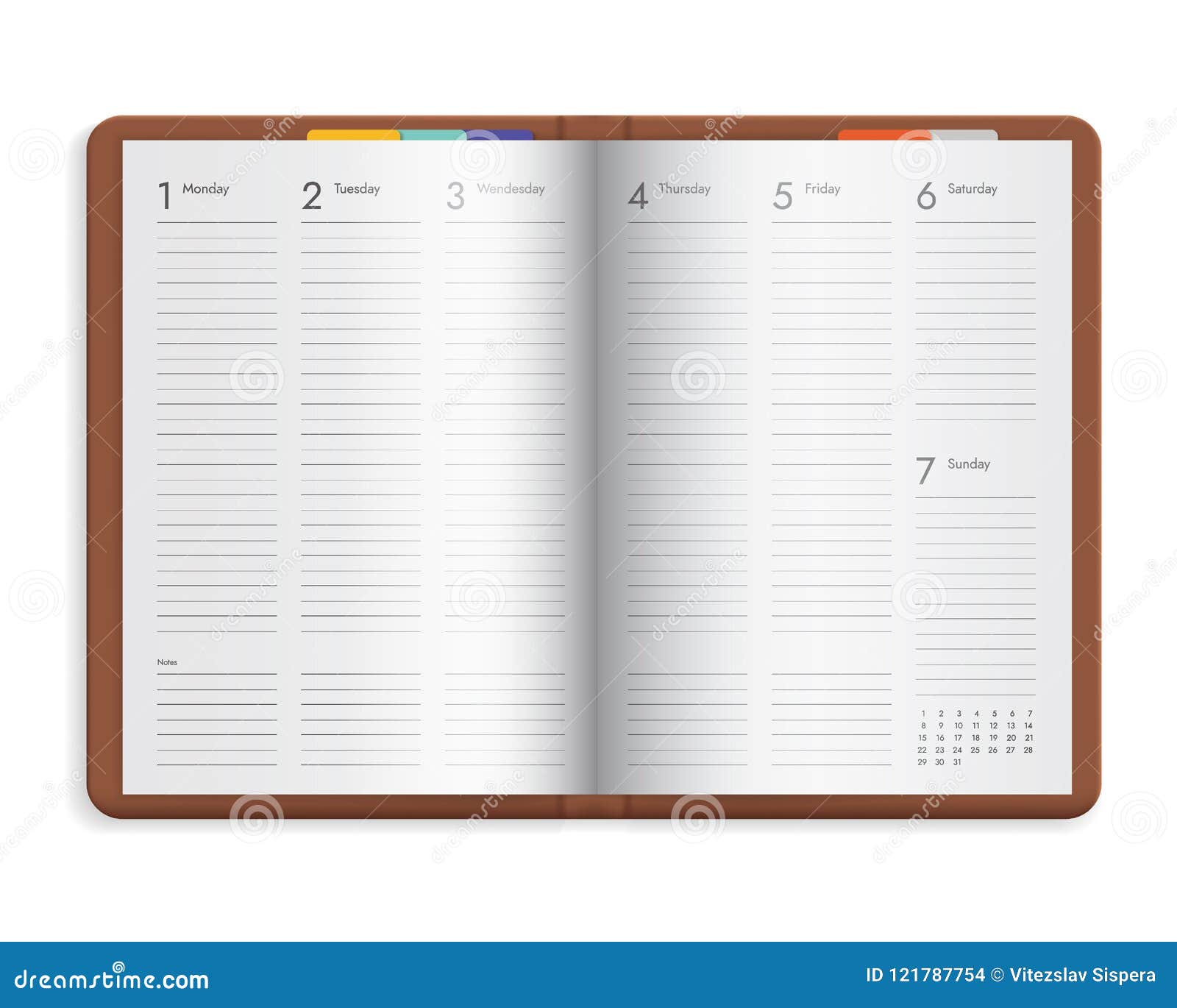Open Diary with Weekly Calendar in Brown Hardcover Stock Vector ...