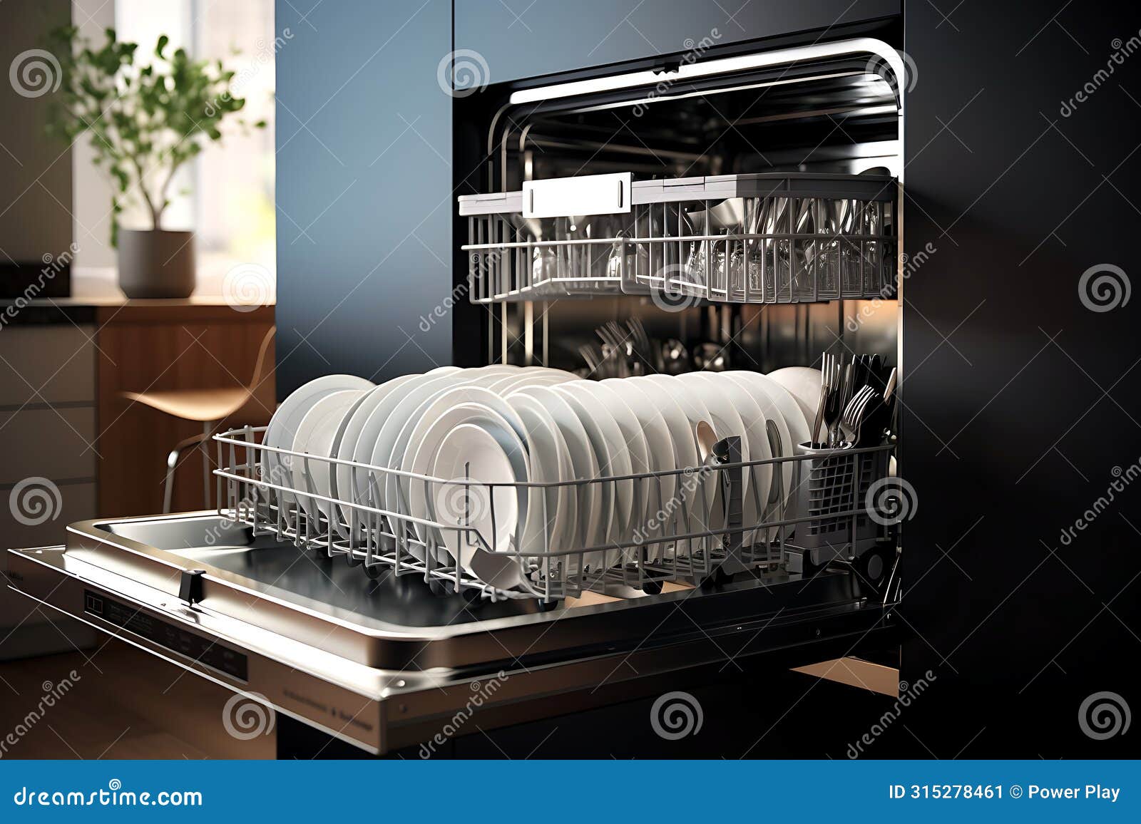 Open Dishwasher with Clean Dishes in it. 3d Rendering Stock ...