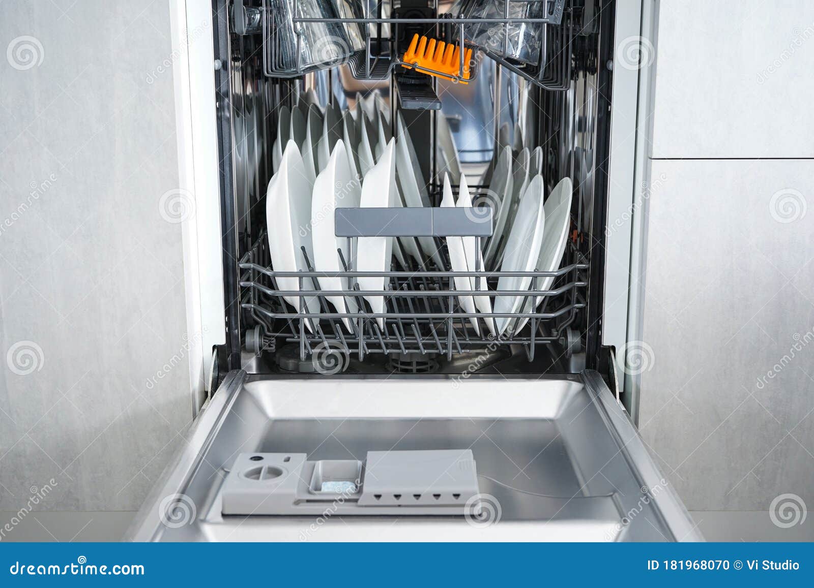 Open Dishwasher with Clean Dishes in the Home Kitchen, Front View Stock ...