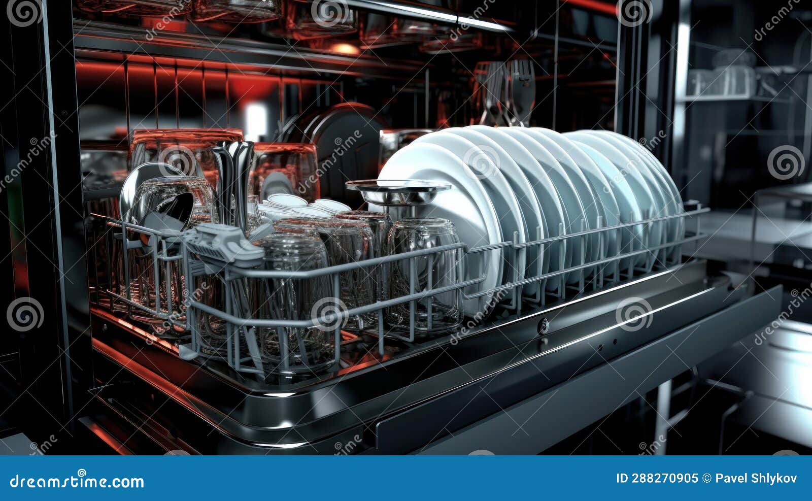 Open Dishwasher with Clean Dishes in Kitchen Stock Image - Image of ...