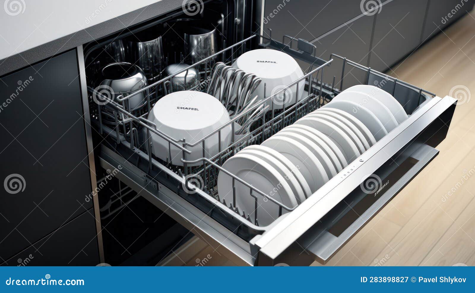Open Dishwasher with Clean Dishes in Kitchen Stock Illustration ...