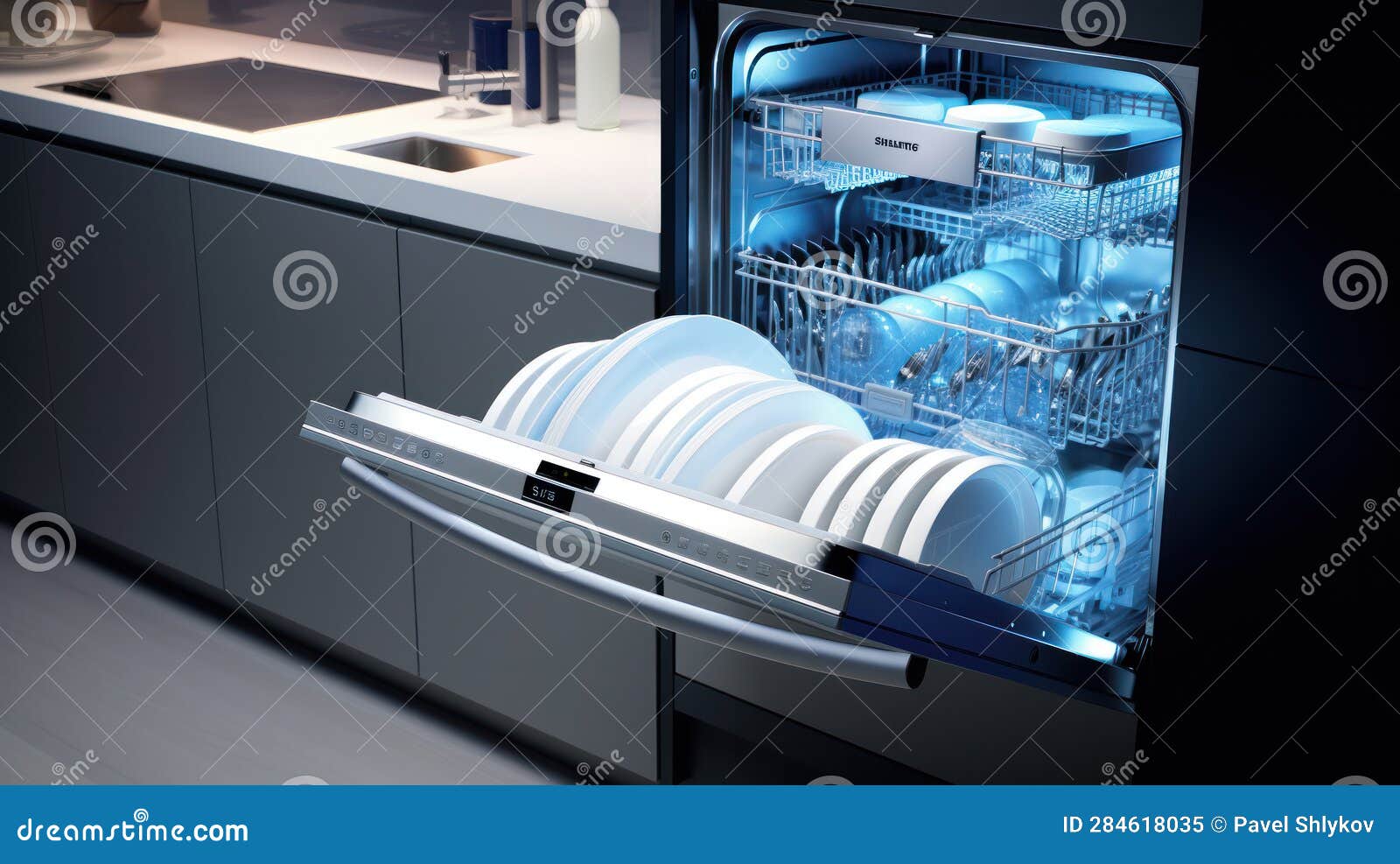 Open Dishwasher with Clean Dishes in Kitchen Stock Illustration ...