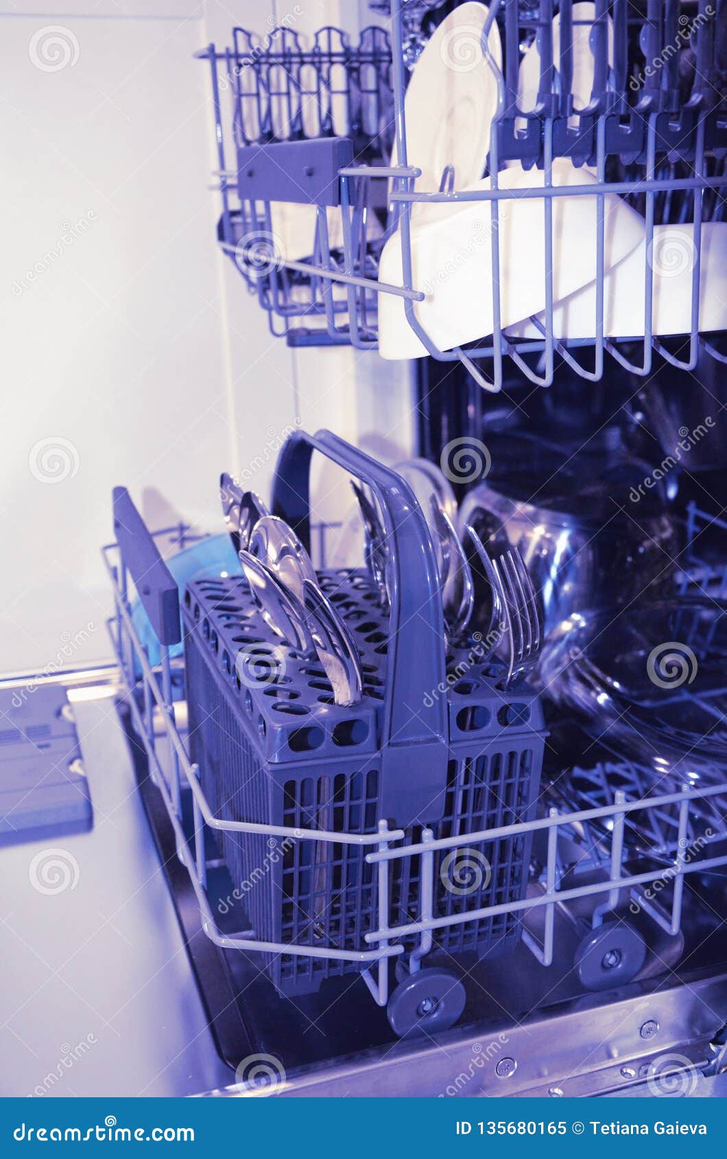 Open Dishwasher with Clean Dishes in the White Kitchen. Image Stock ...
