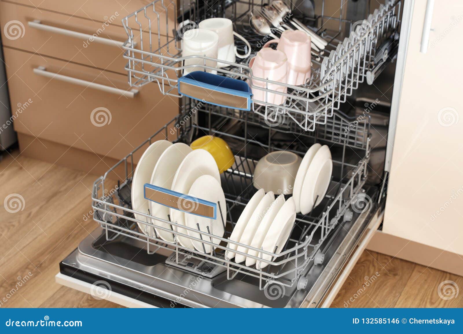 Open Dishwasher with Clean Tableware Stock Photo - Image of dishes ...