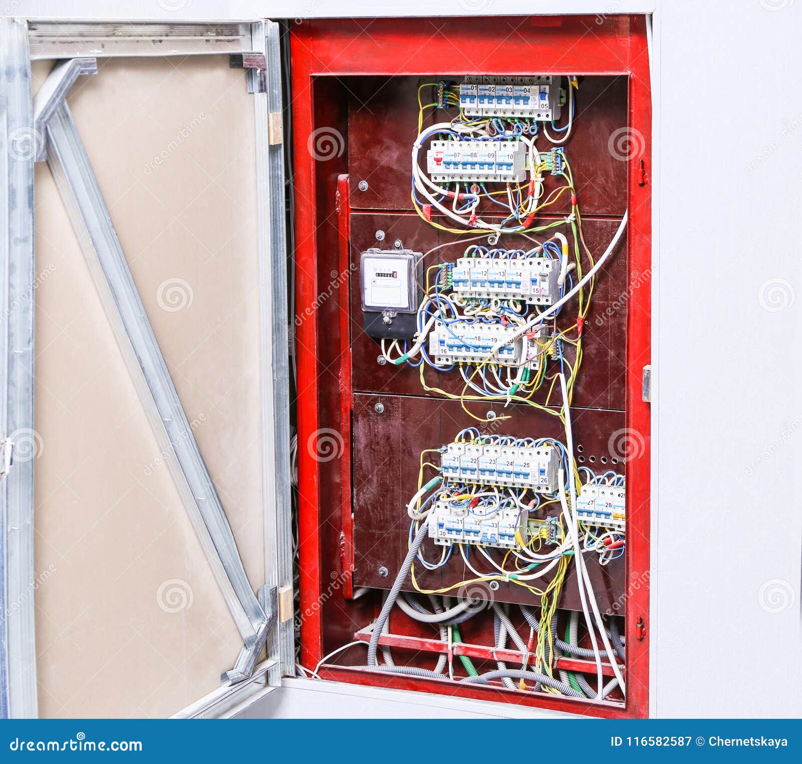 Open Distribution Panel Box On Concrete Wall In Abandoned Building ...