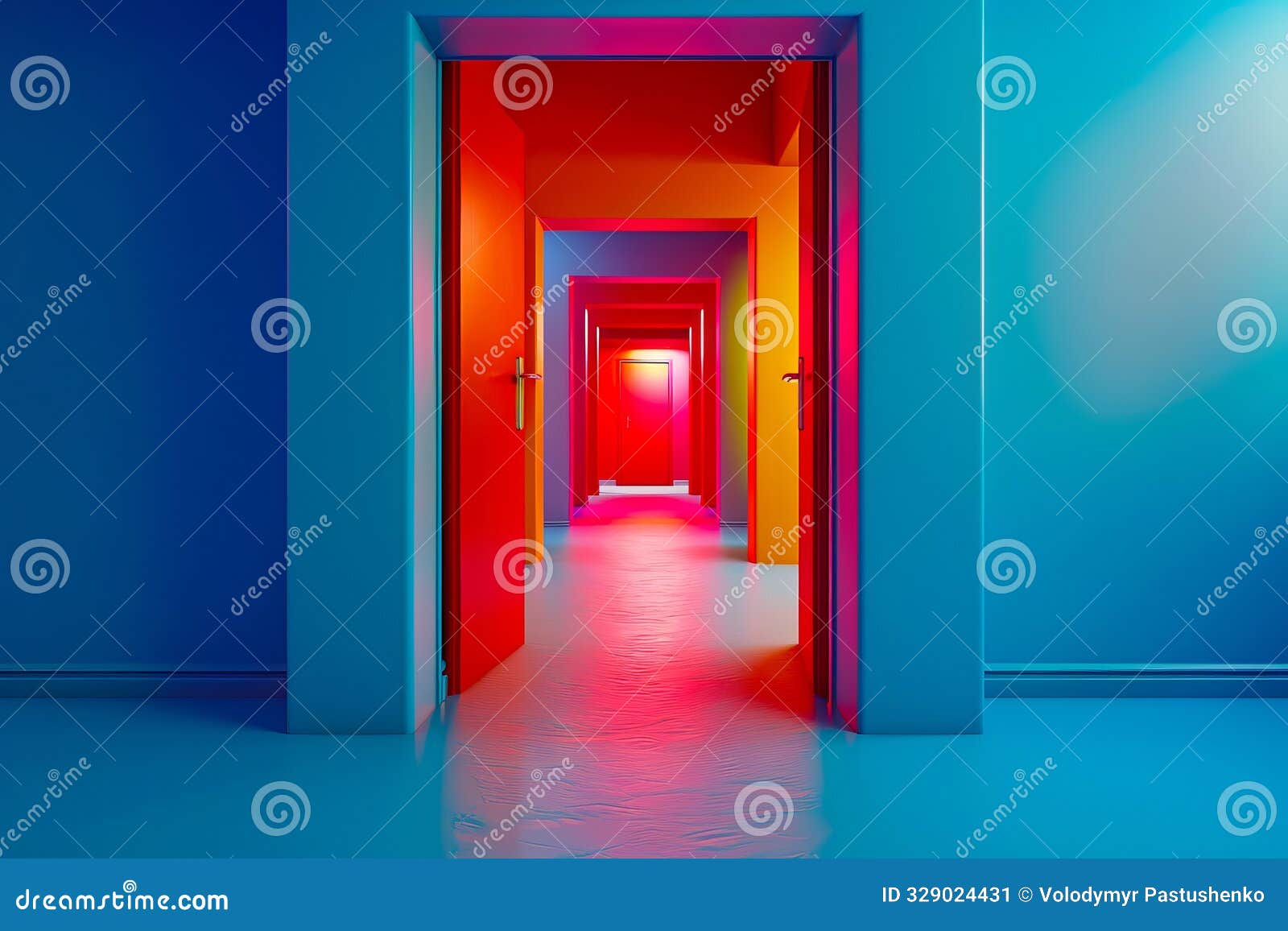 An Open Door in a Blue and Red Room with a Red Light Stock Image ...