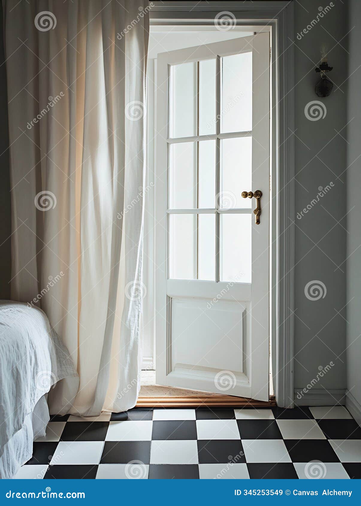 Open door, checkered floor stock image. Image of ambiance - 345253549