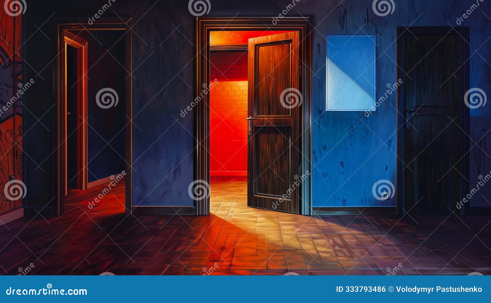 An Open Door in a Dark Room with a Red Light Coming Out of it Stock ...