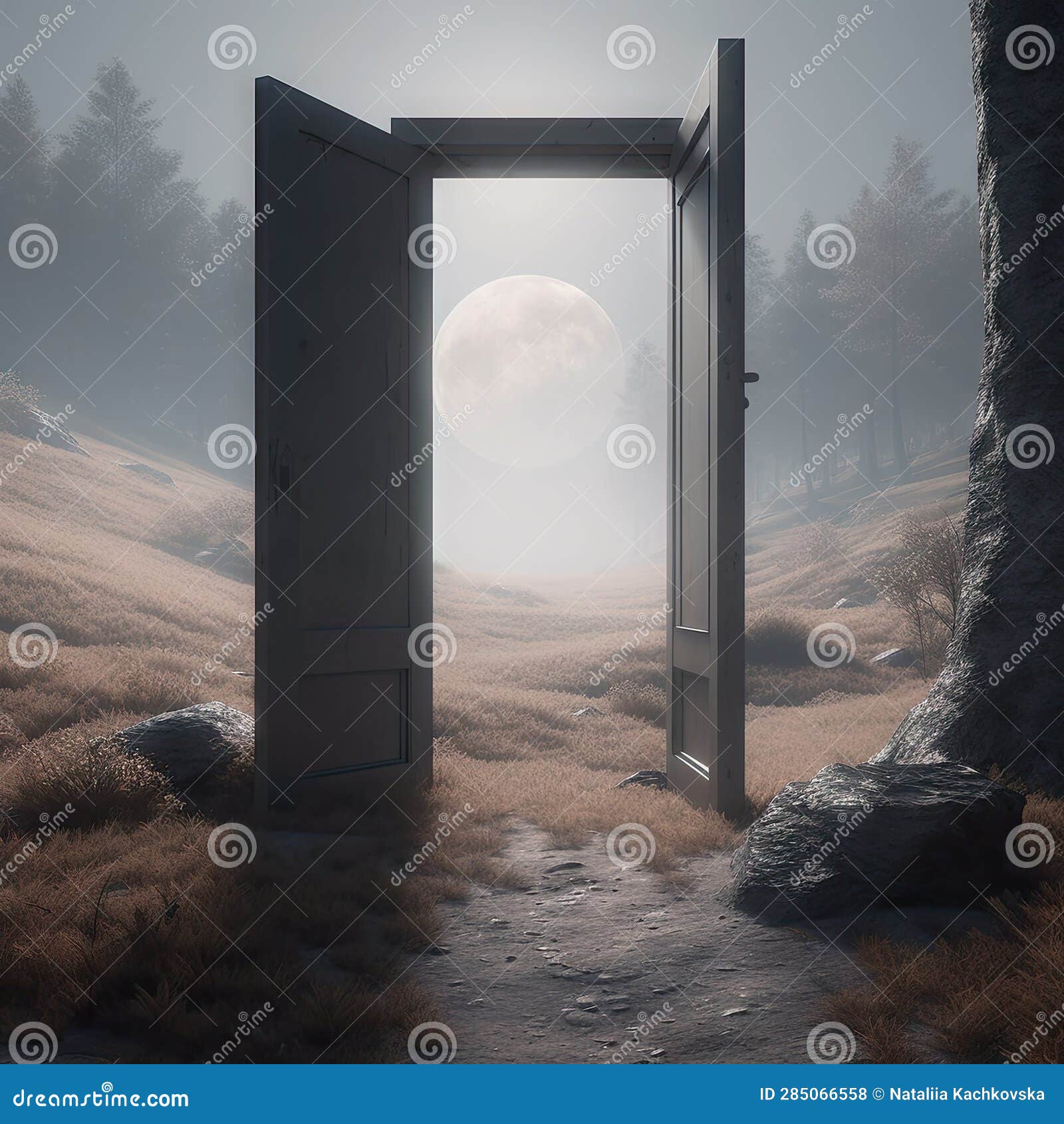 Open door in dreamy mist stock illustration. Illustration of place ...